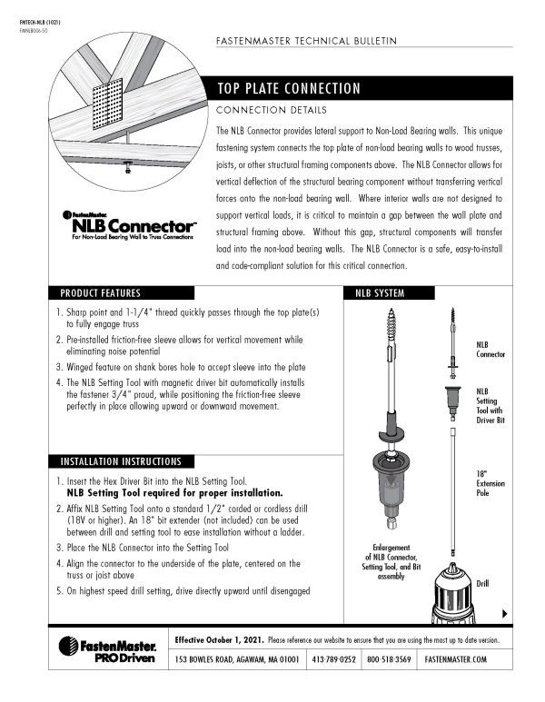 NLB Connector For Non-Load Bearing Wall to Truss… | FastenMaster